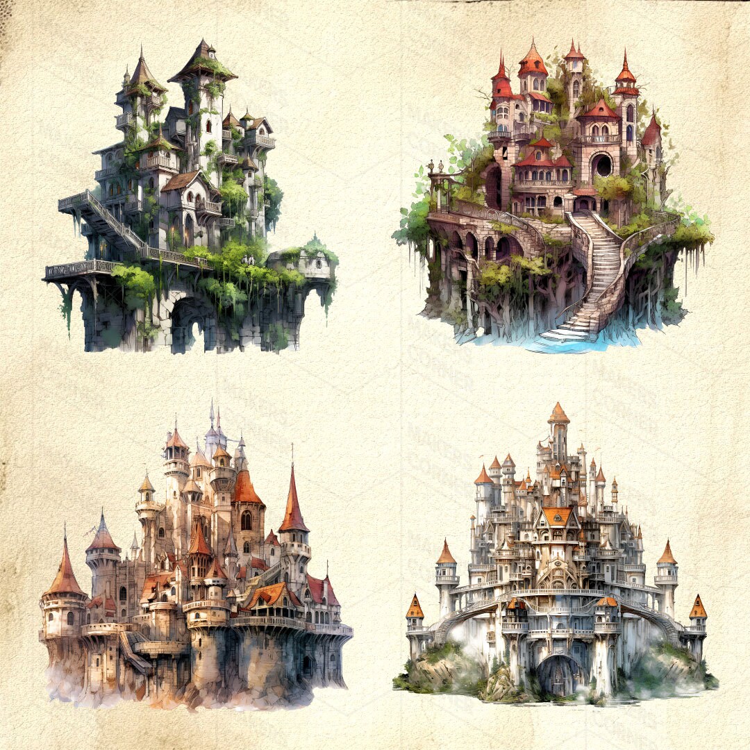 Watercolor Fantastical Castles Clip Art Collection for Fantasy Art and ...