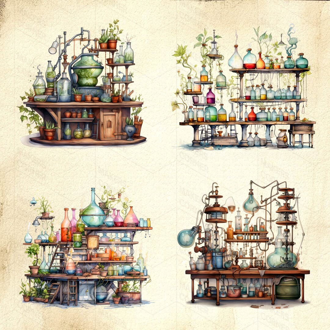 Watercolor Fantasy Laboratory Clip Art Collection Fantasy - Etsy