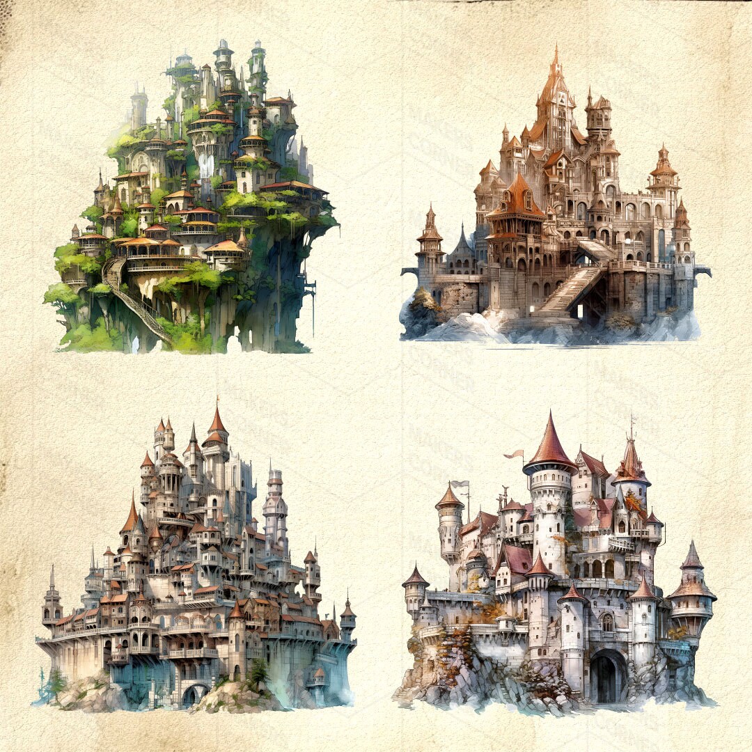 Watercolor Fantastical Castles Clip Art Collection for Fantasy Art and ...