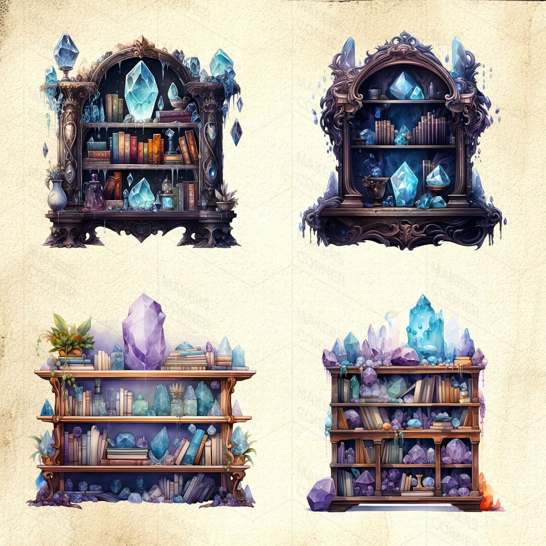 Watercolor Crystal Library Clip Art Collection Fantasy Rooms and ...