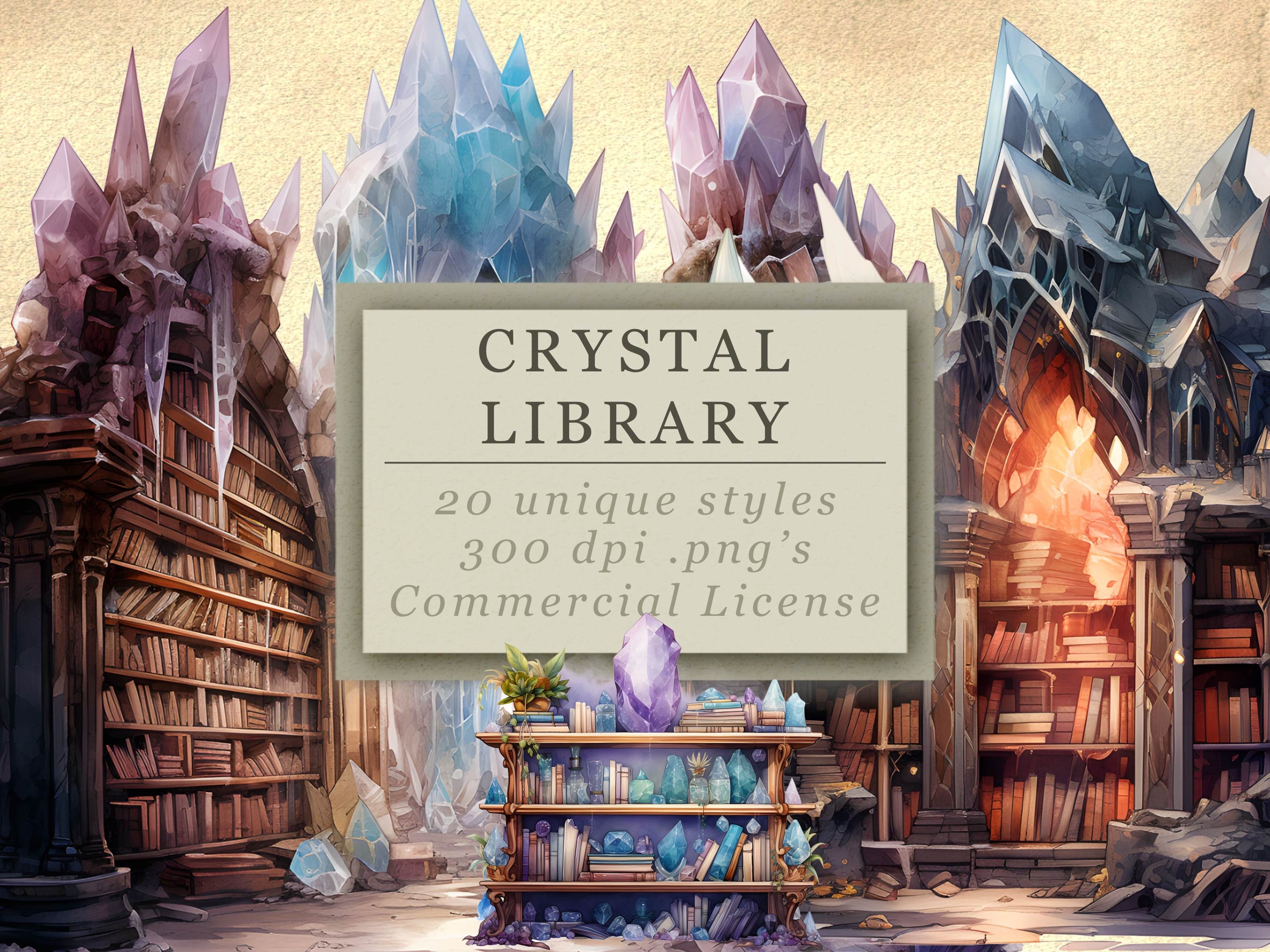Watercolor Crystal Library Clip Art Collection Fantasy Rooms and Furniture Graphics Digital ...
