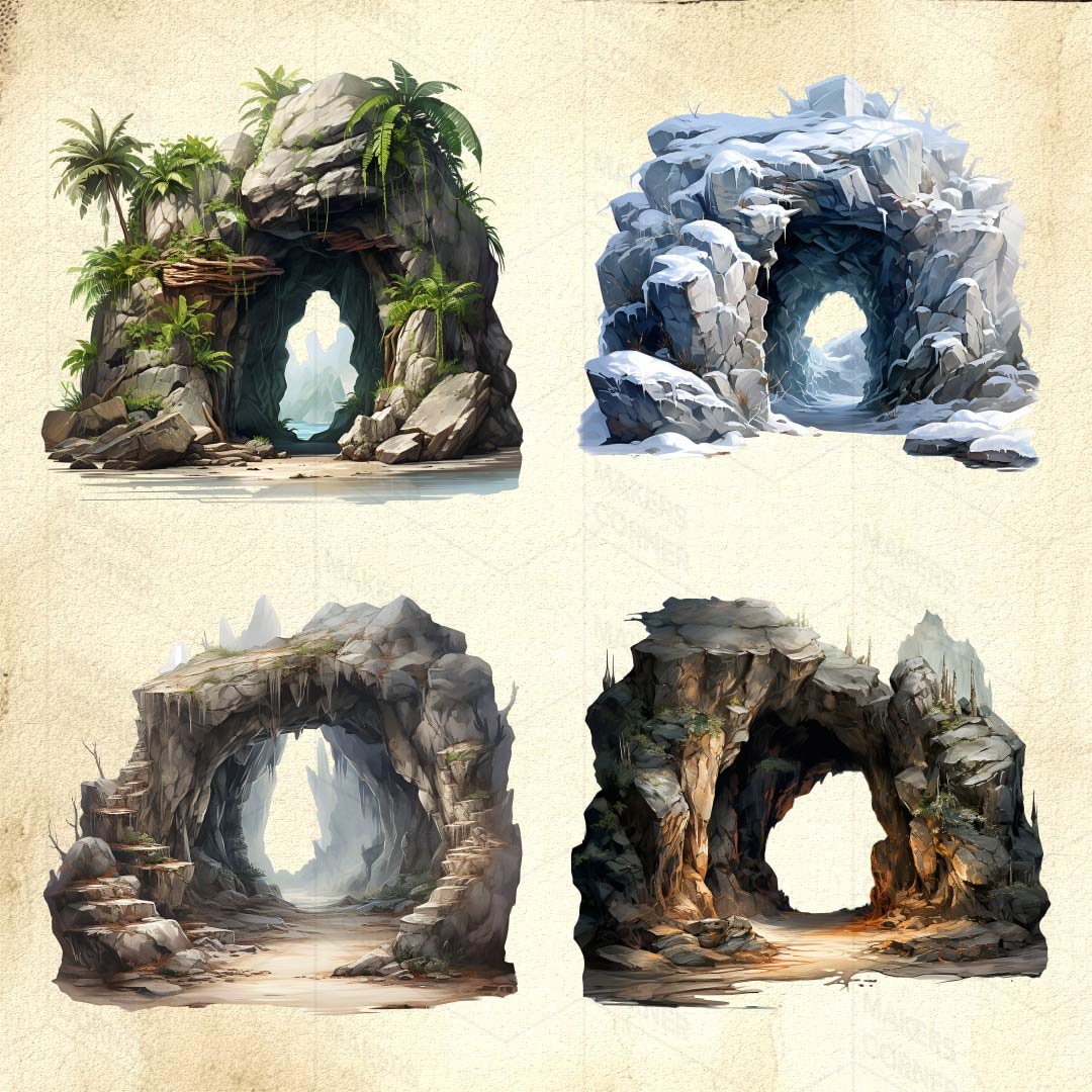 Cave Entrances Clip Art Collection - Fantasy Dungeon Graphics - Quest ...