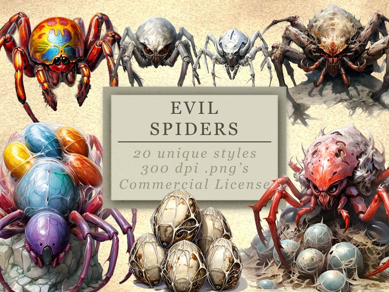 Evil Spiders Clip Art Collection for Art and Design, Fantasy Arachnids ...