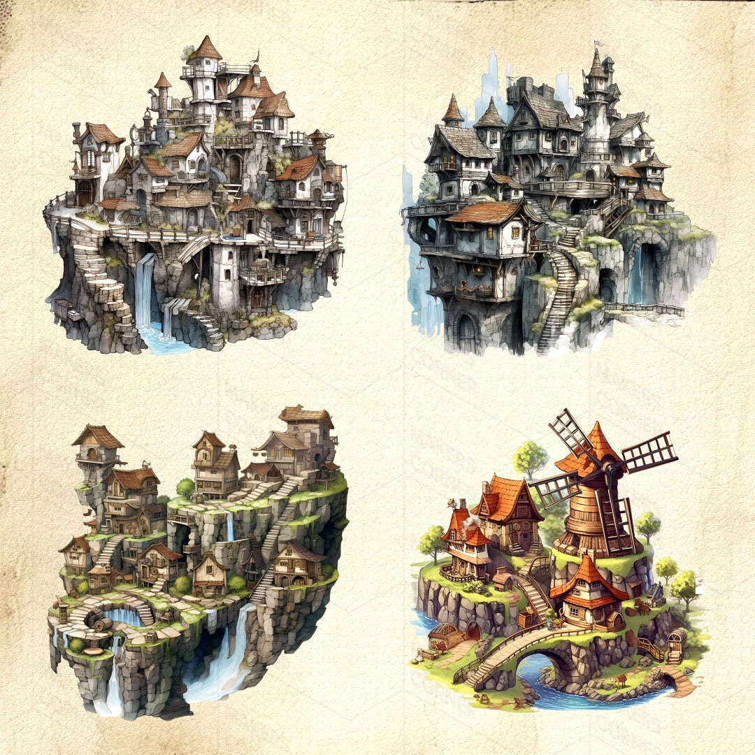 Fantastical Villages Clip Art Collection for Fantasy Art and - Etsy