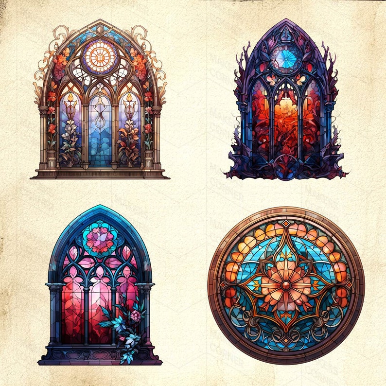 Fantastical Stained Glass Windows Clip Art Collection for Fantasy Art ...