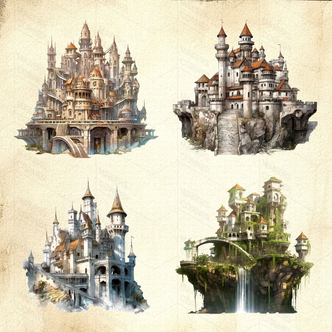 Watercolor Fantastical Castles Clip Art Collection for Fantasy Art and ...