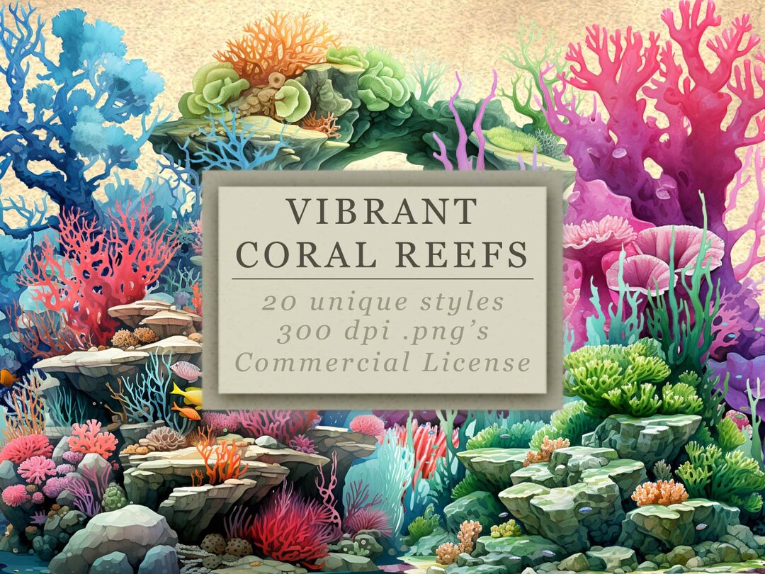 Vibrant Coral Reefs Clip Art Collection for Art and Design, Watercolor ...