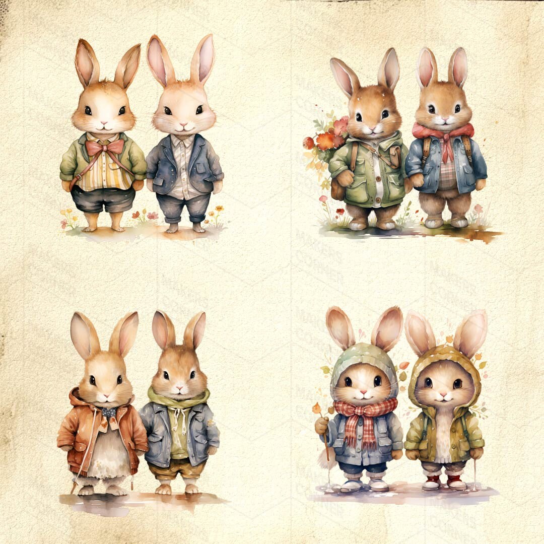 Enchanted Bunny Fashion Clip Art Collection Fantasy Animals Dressed in ...