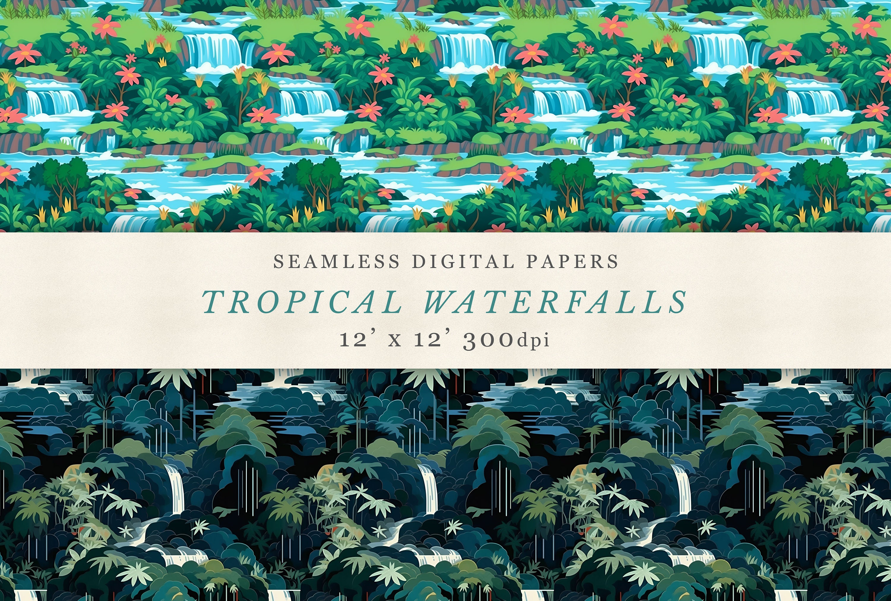 Tropical Waterfalls Digital Papers, Seamless Pattern, Illustration ...