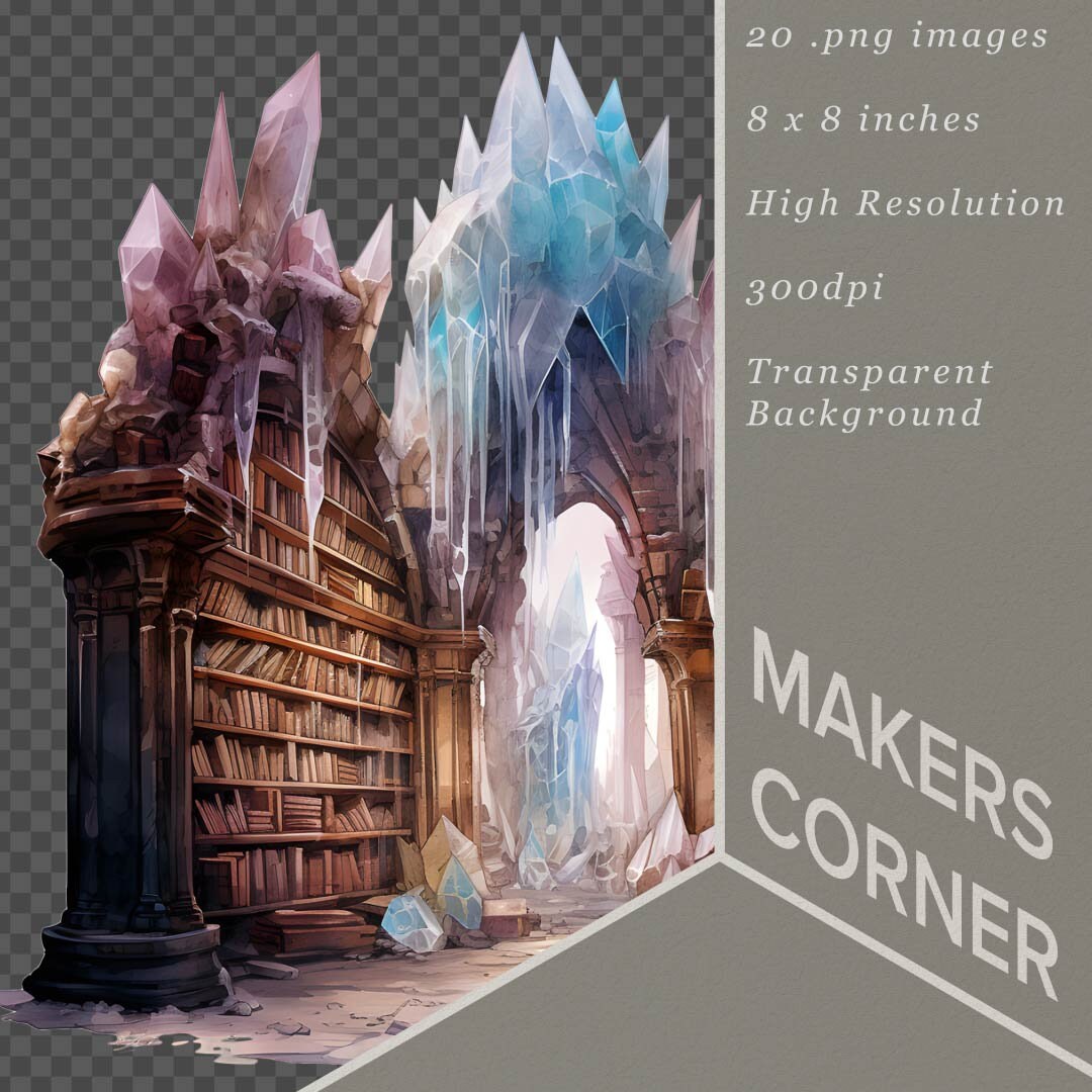 Watercolor Crystal Library Clip Art Collection Fantasy Rooms and ...