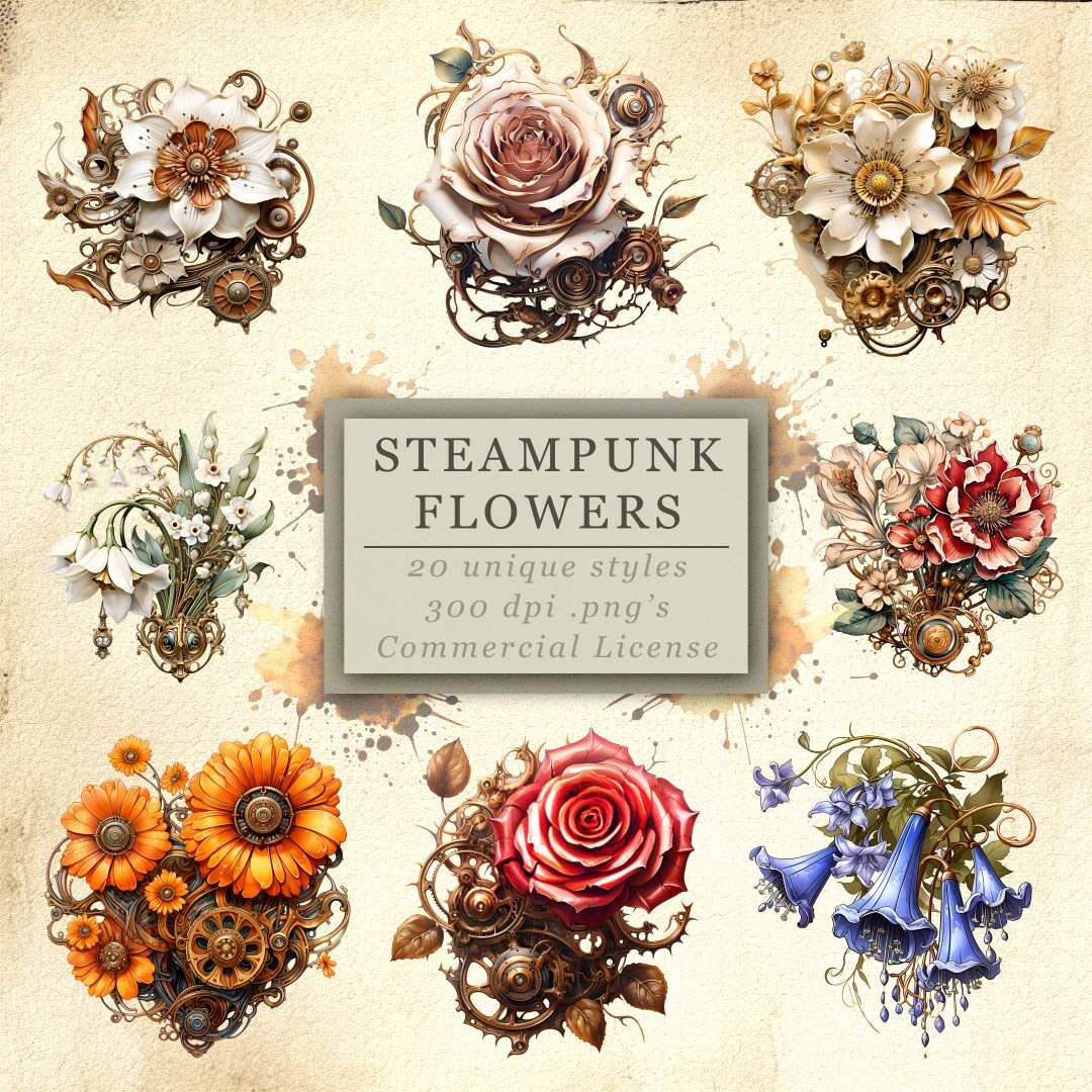 Steampunk Flowers Clip Art Collection for Art and Design, Scrapbooking ...