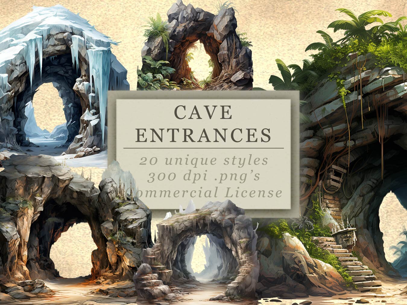 Cave Entrances Clip Art Collection - Fantasy Dungeon Graphics - Quest ...
