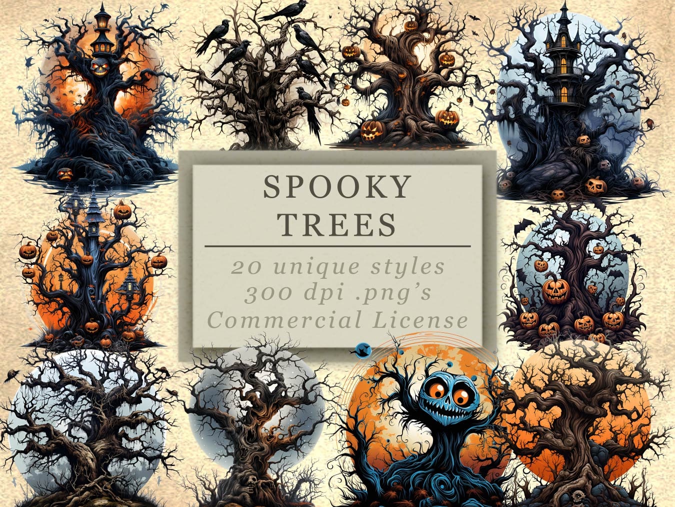 Spooky Trees Clip Art Collection for Art and Design, Halloween Graphics ...