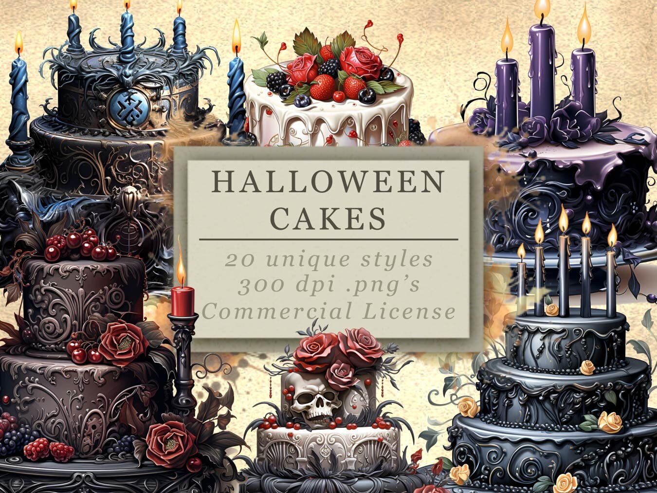 Gothic Halloween Cakes Clip Art Collection for Art and Design, Spooky ...