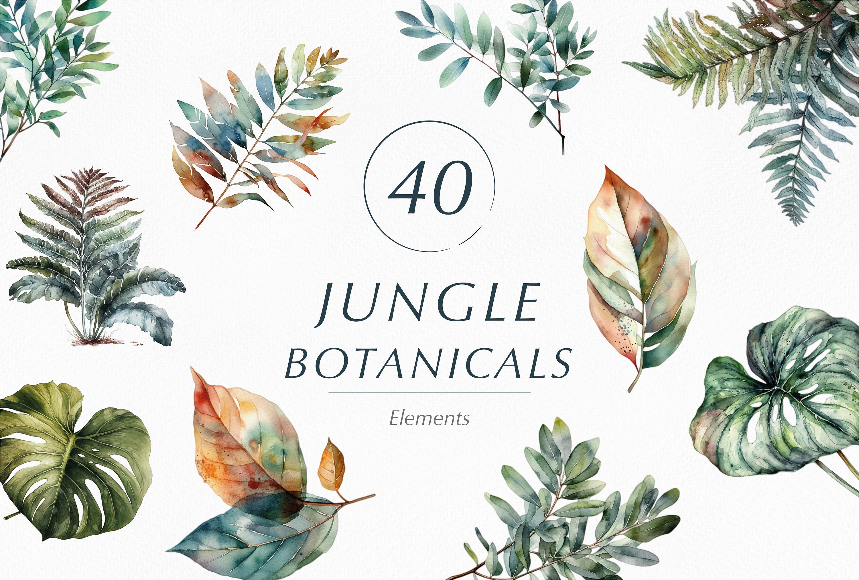 Watercolor Jungle Clipart Bundle Tropical Elements Jungle Leaves Jungle ...