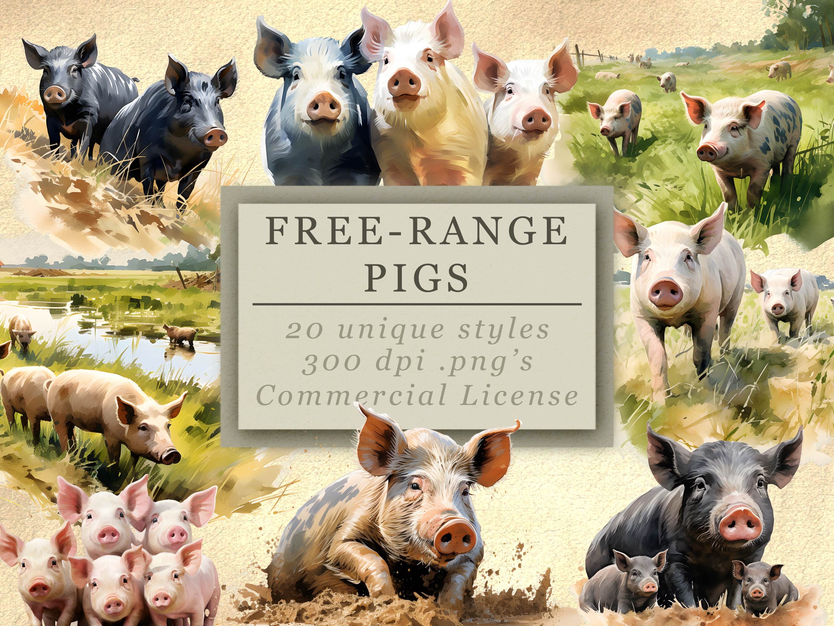 Free-range Pigs Clip Art Collection High-quality Digital Downloads for ...