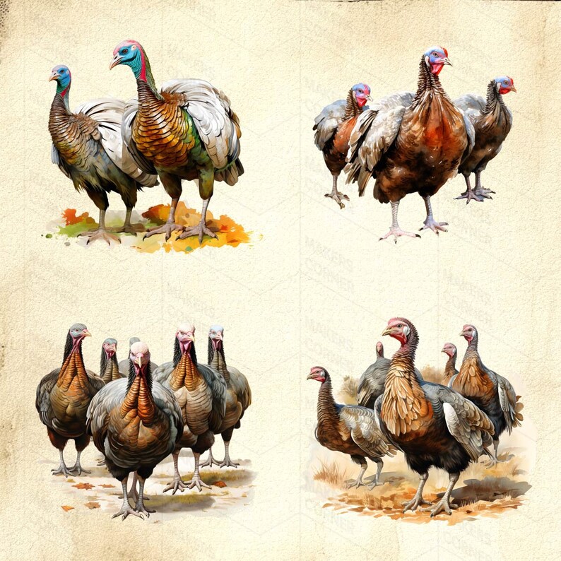 Gobbling Turkeys Clip Art Collection High-quality Digital Downloads for ...