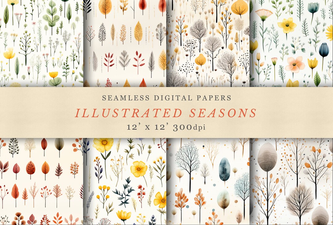 Illustrated Seasons Digital Design Papers, Seamless Pattern, Meadow ...