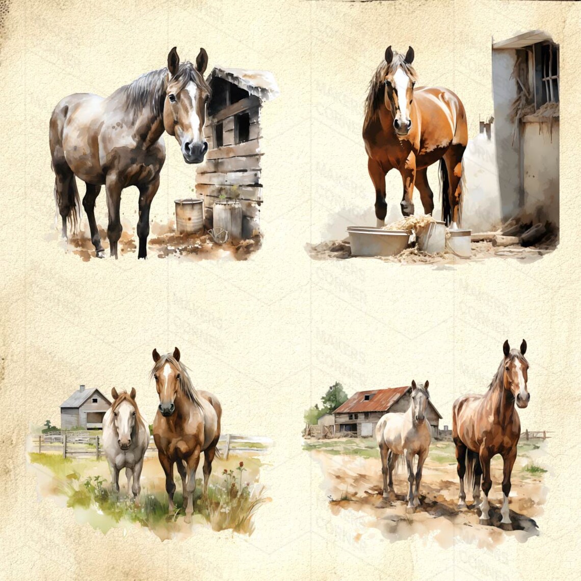 Farmstead Horses Clip Art Collection High-quality Digital Downloads for ...