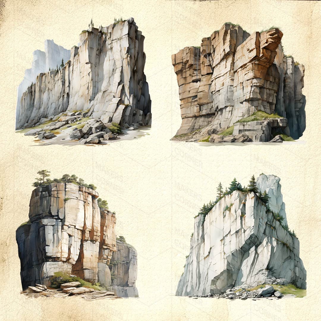 Daunting Cliff Faces Clip Art Collection for Art and Design, Watercolor ...