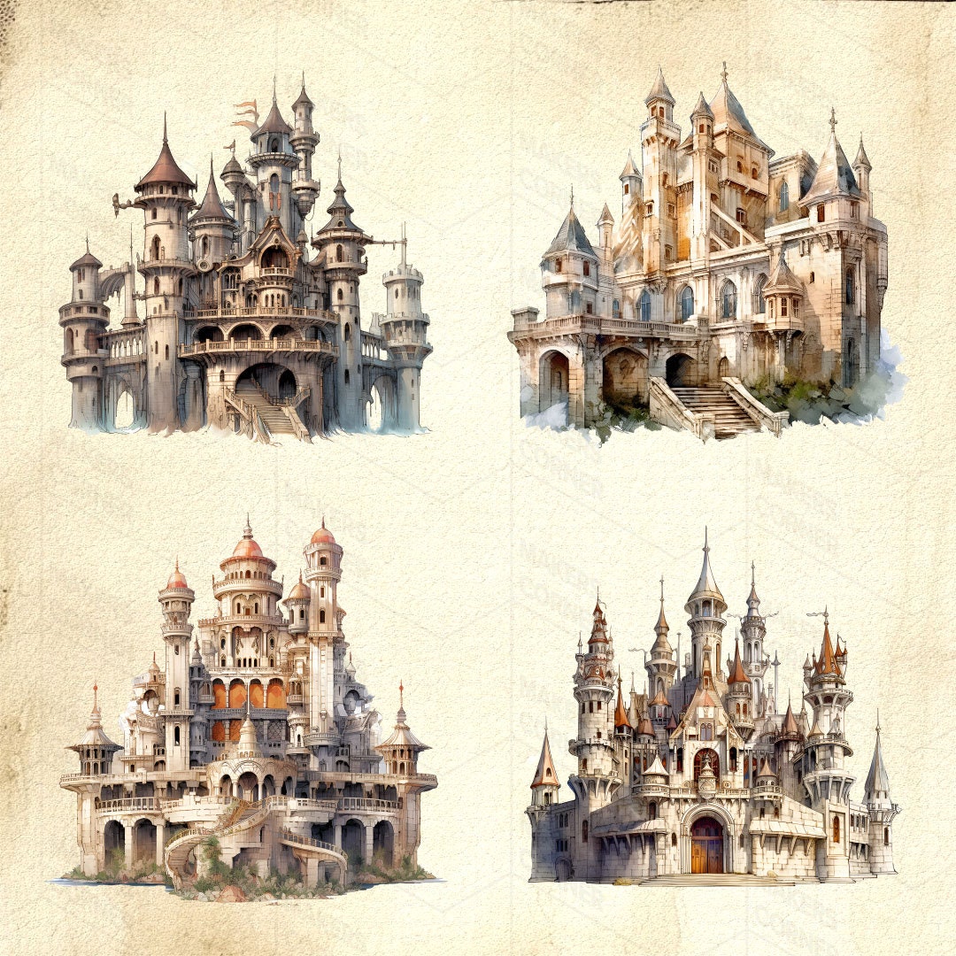 Watercolor Fantastical Castles Clip Art Collection for Fantasy Art and ...