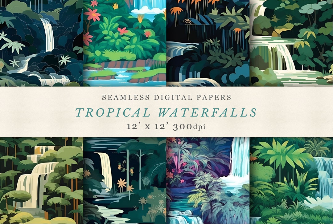 Tropical Waterfalls Digital Papers, Seamless Pattern, Illustration ...