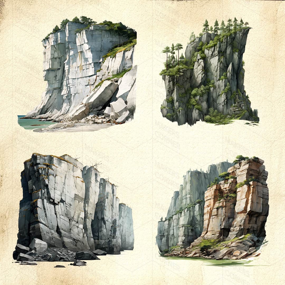 Daunting Cliff Faces Clip Art Collection for Art and Design, Watercolor ...