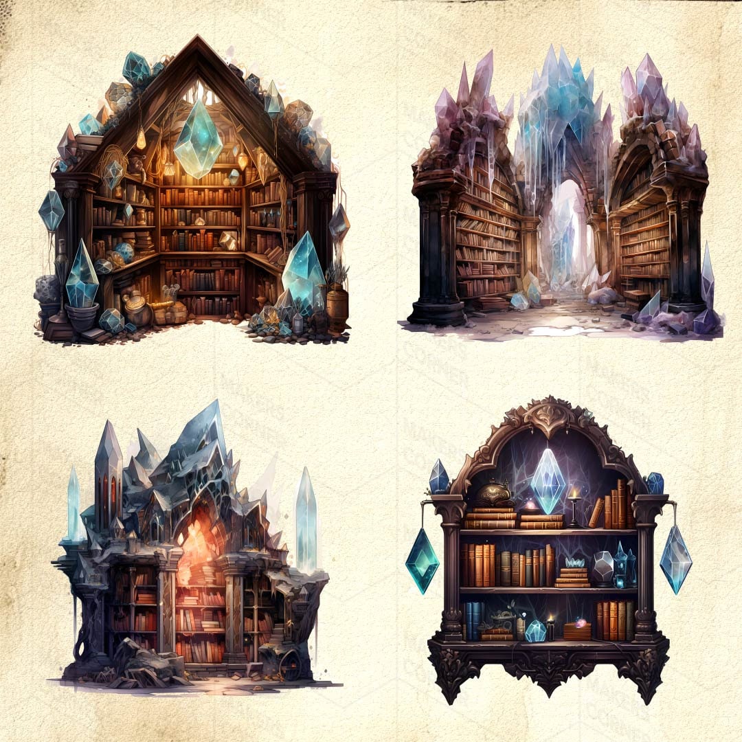 Watercolor Crystal Library Clip Art Collection Fantasy Rooms and ...
