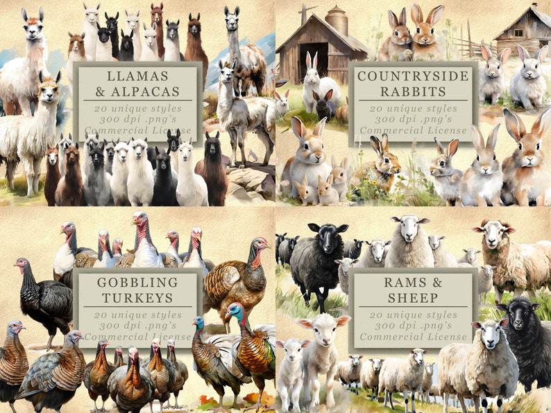 Watercolor Animal Farm Clipart Bundle 12 Packs, 240 Png's High-quality ...