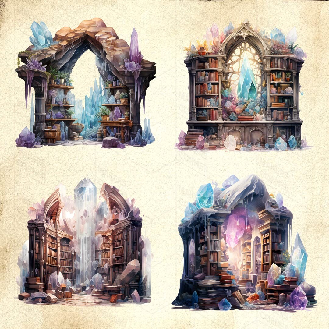Watercolor Crystal Library Clip Art Collection Fantasy Rooms and ...