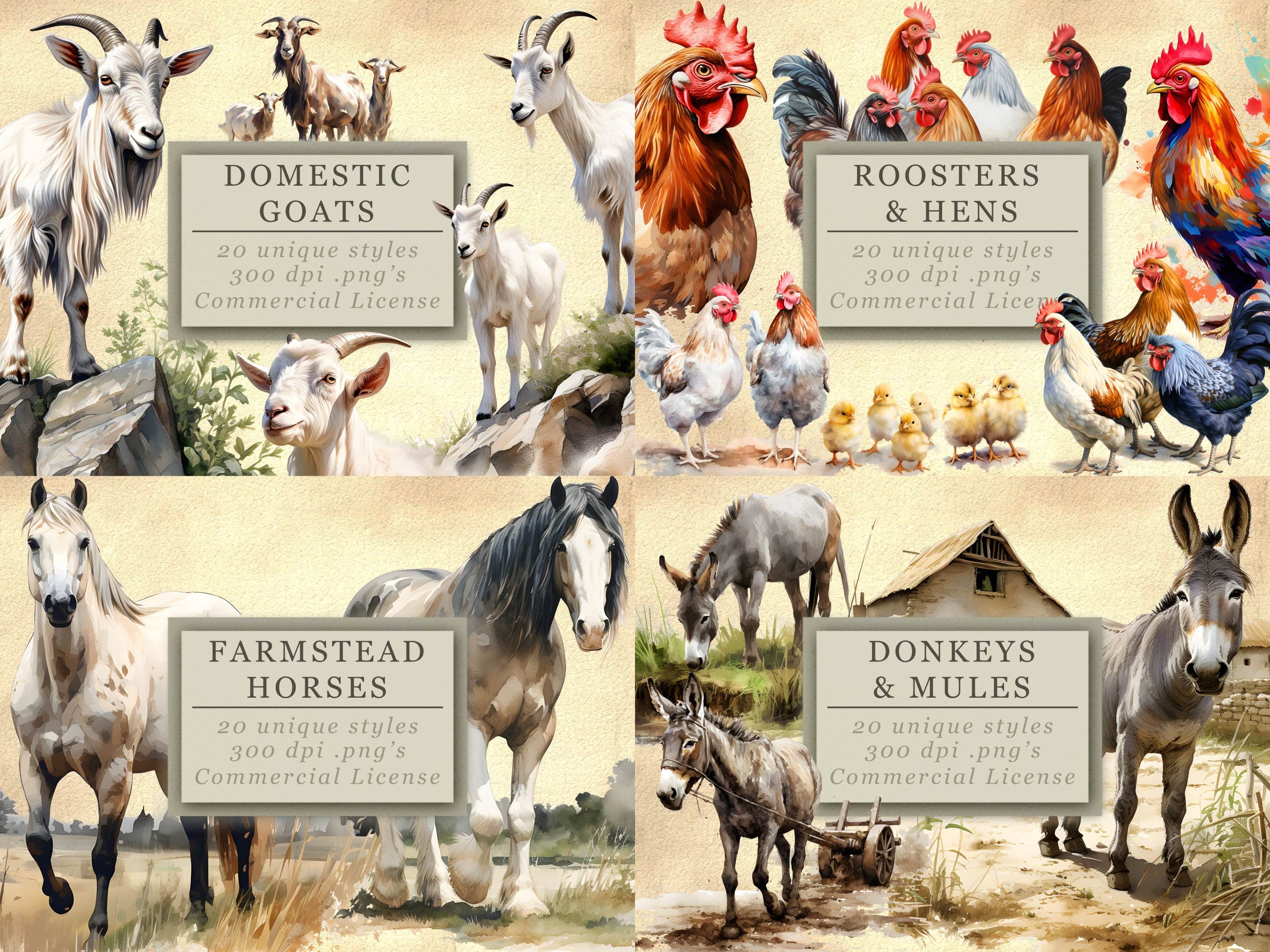 Watercolor Animal Farm Clipart Bundle 12 Packs, 240 Png's High-quality ...