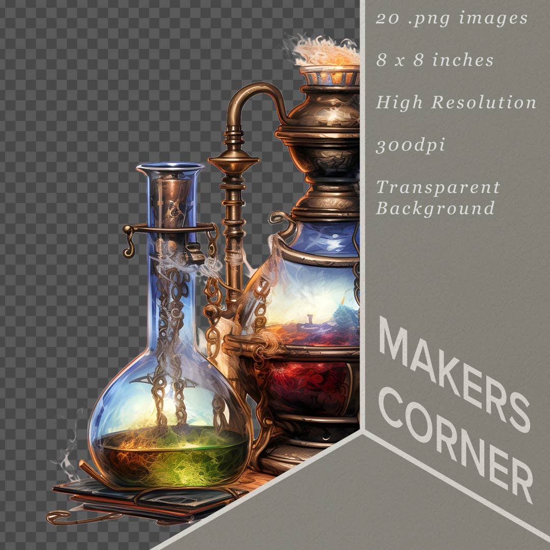 Alchemist Supplies Clip Art Collection for Art and Design, Fantasy Magic Vials and Kit, Digital ...