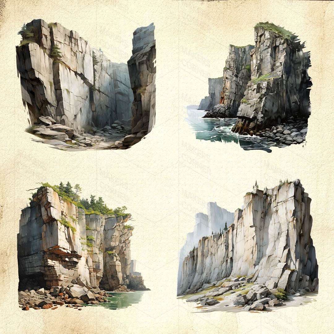 Daunting Cliff Faces Clip Art Collection for Art and Design, Watercolor ...