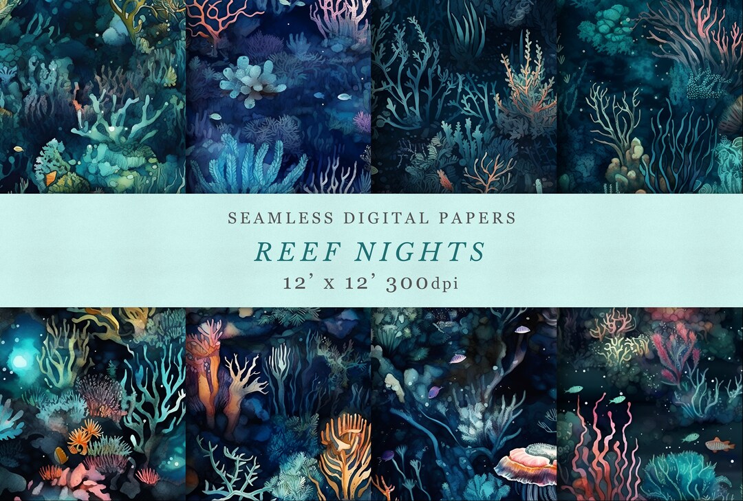 Reef Nights Digital Design Papers, Seamless Pattern, Blue Ocean ...