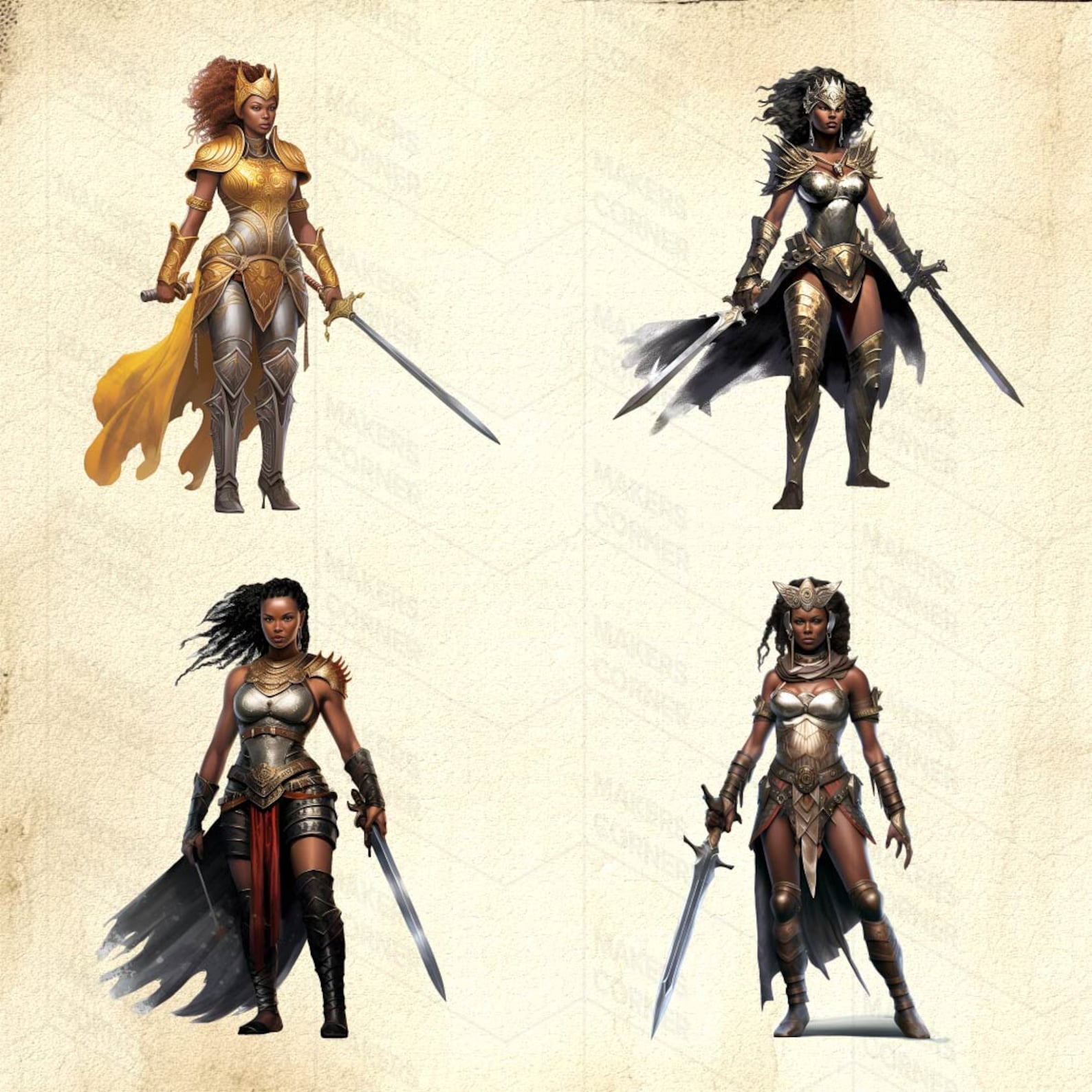 Black Female Knights Clip Art Collection for Art and Design, Fantasy ...