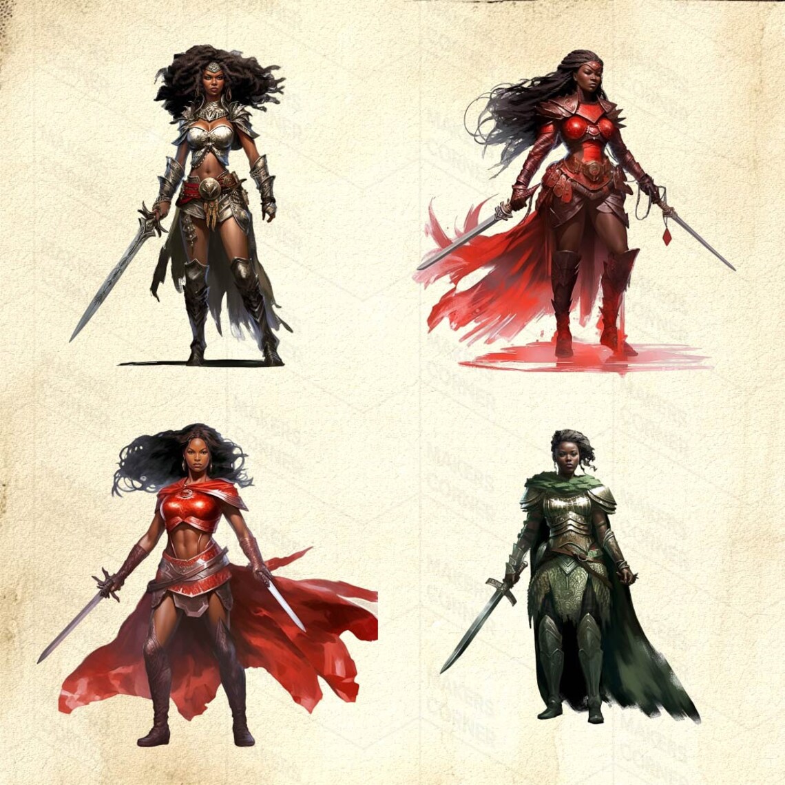 Black Female Knights Clip Art Collection for Art and Design, Fantasy ...