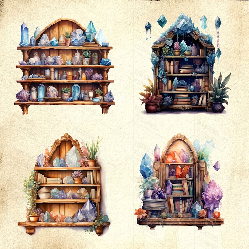 Watercolor Crystal Library Clip Art Collection Fantasy Rooms and ...