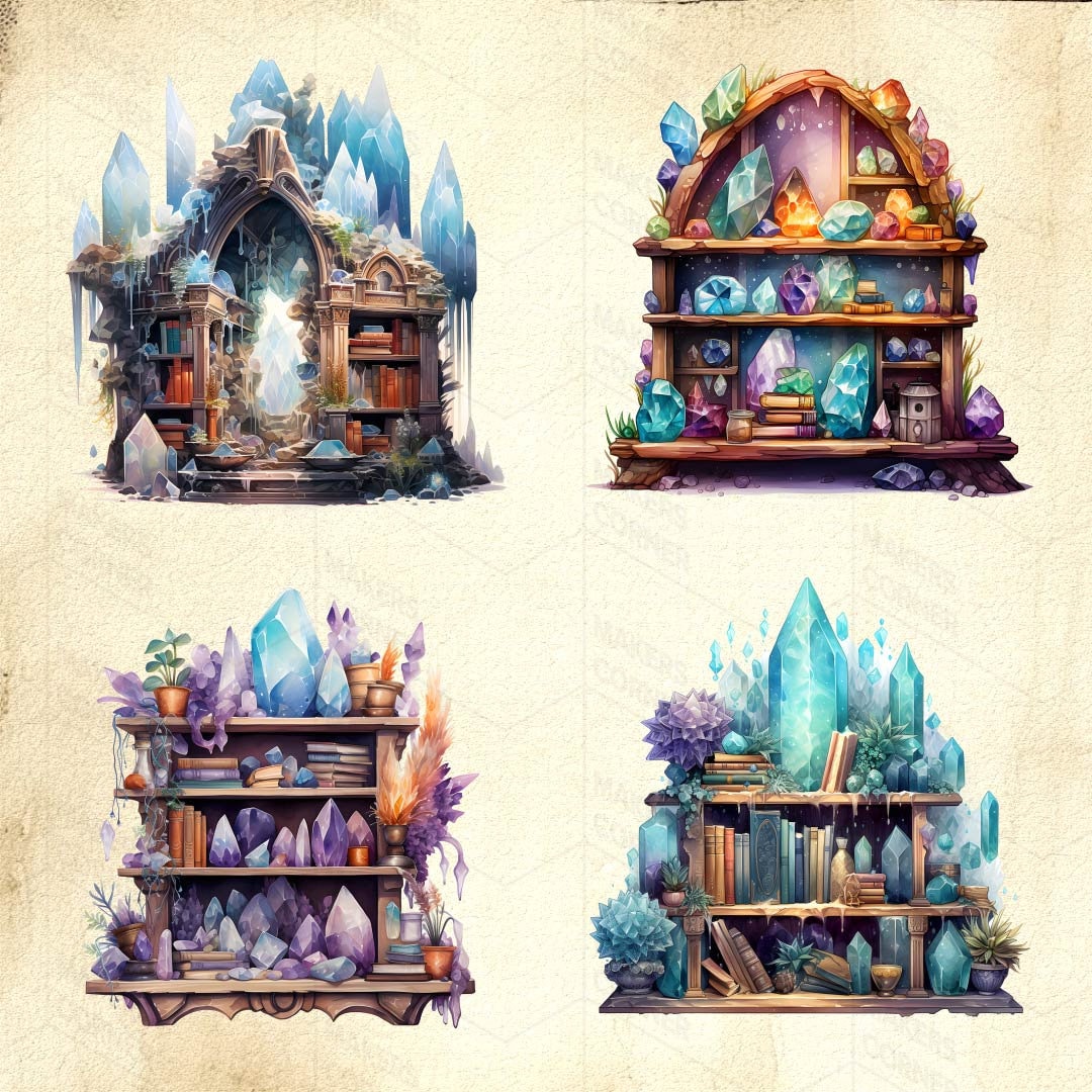 Watercolor Crystal Library Clip Art Collection Fantasy Rooms and ...