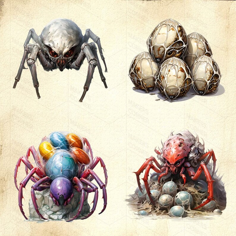 Evil Spiders Clip Art Collection for Art and Design, Fantasy Arachnids, Digital Download, Spooky ...