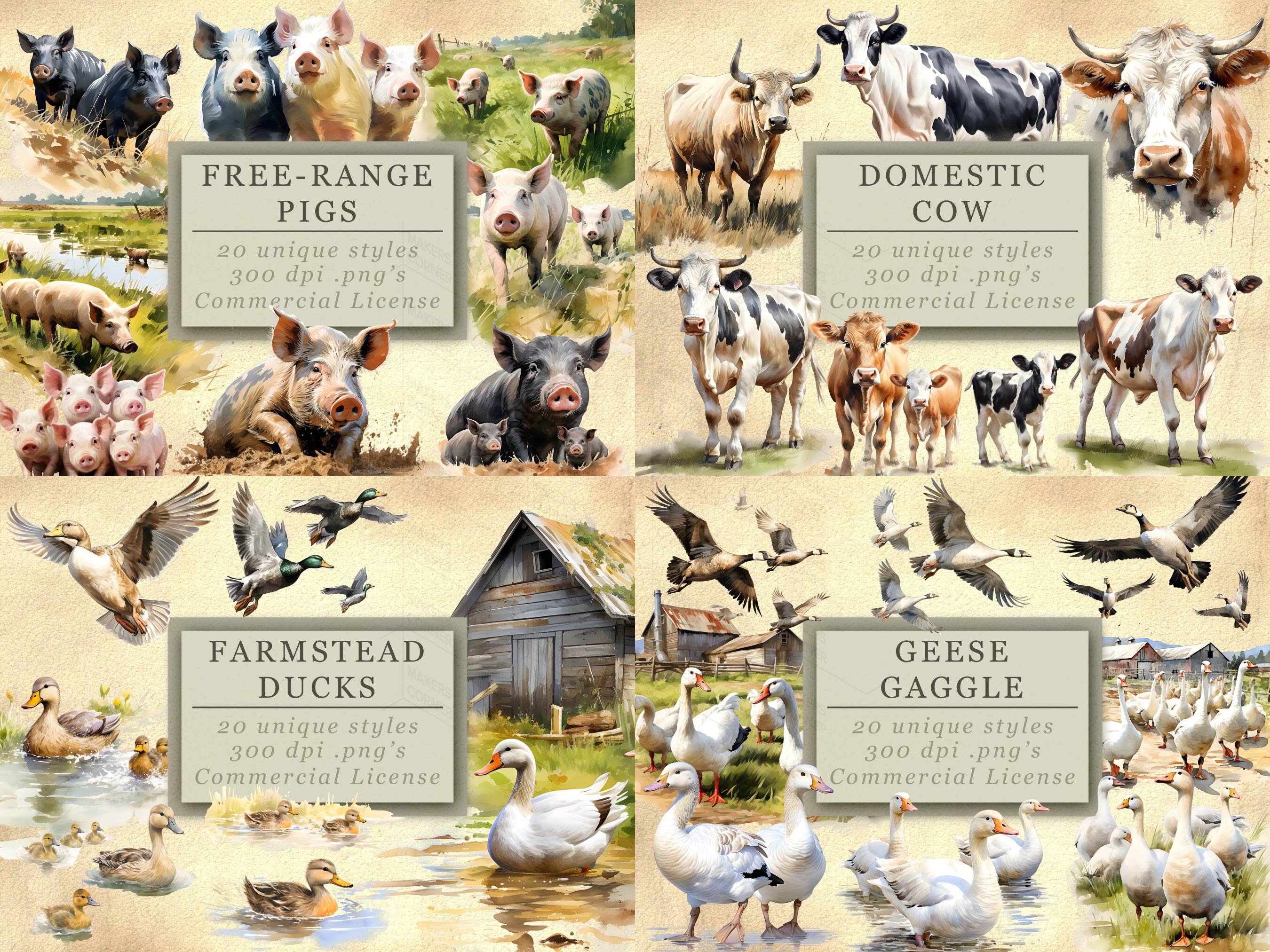 Watercolor Animal Farm Clipart Bundle 12 Packs, 240 Png's High-quality ...