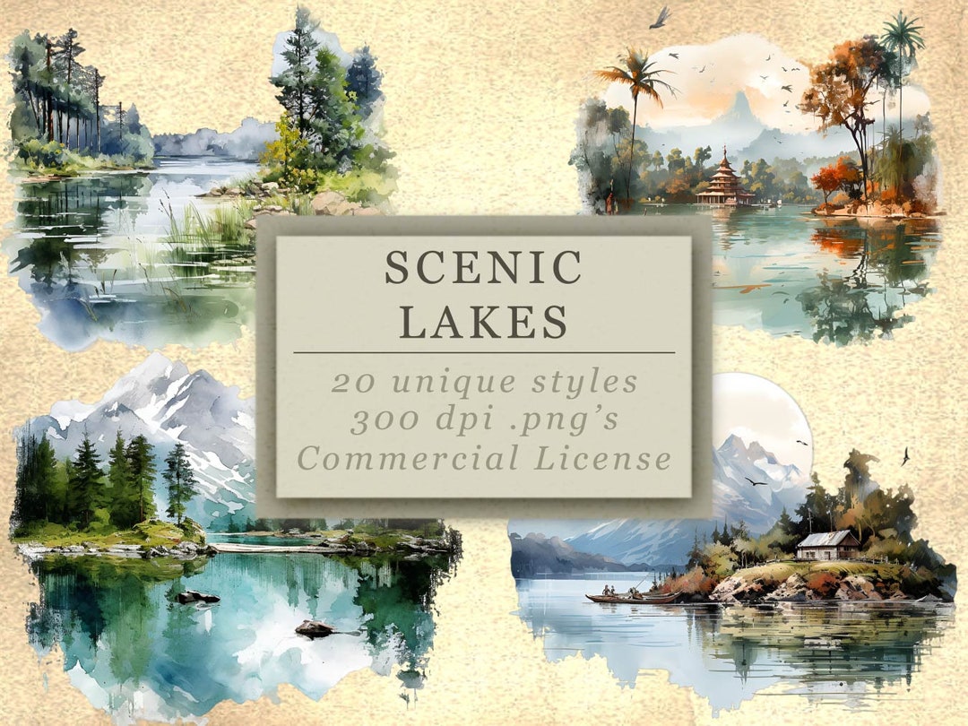 Scenic Lakes Clip Art Collection for Art and Design, Watercolor ...