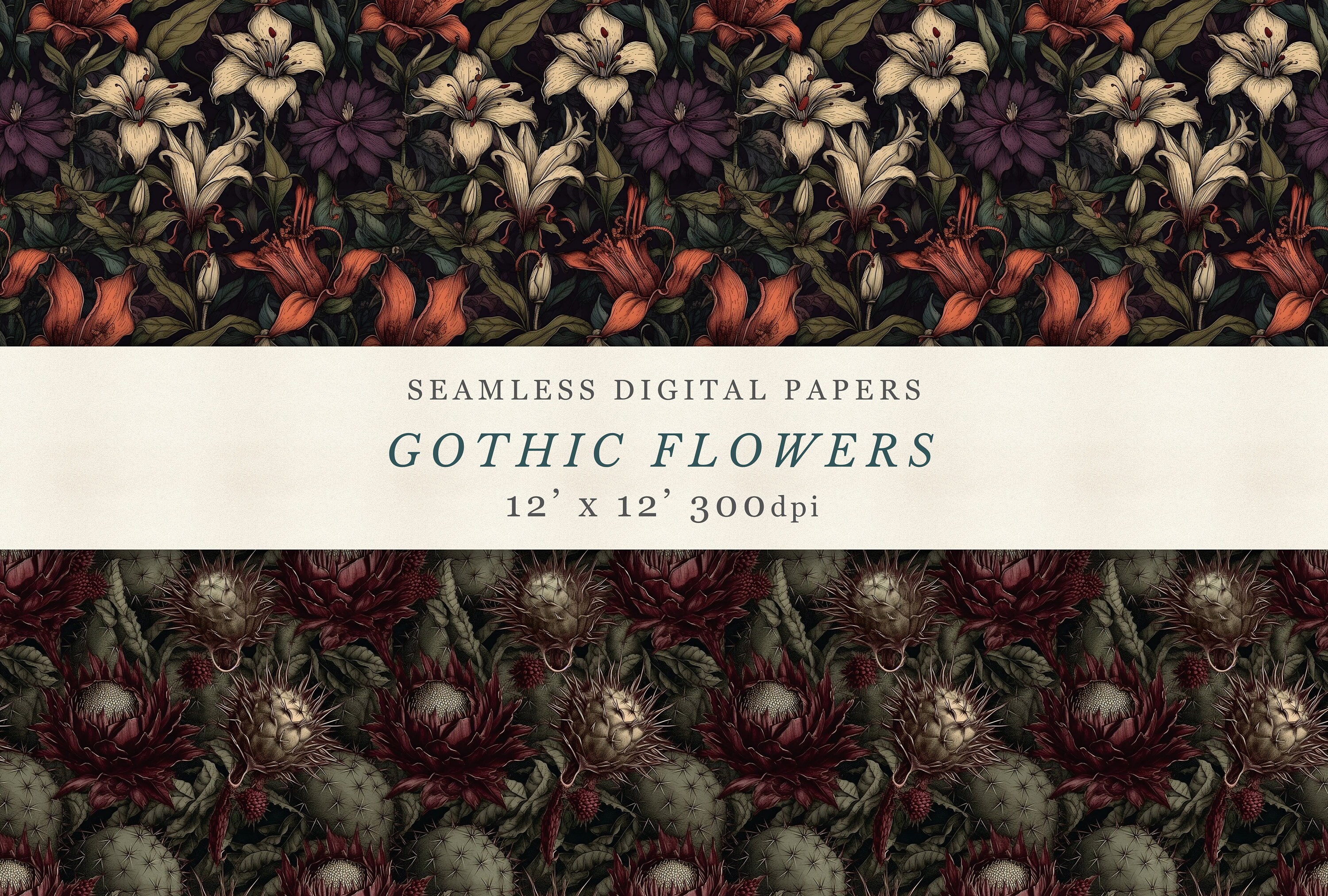 Gothic Flowers Digital Design Papers Seamless Pattern - Etsy