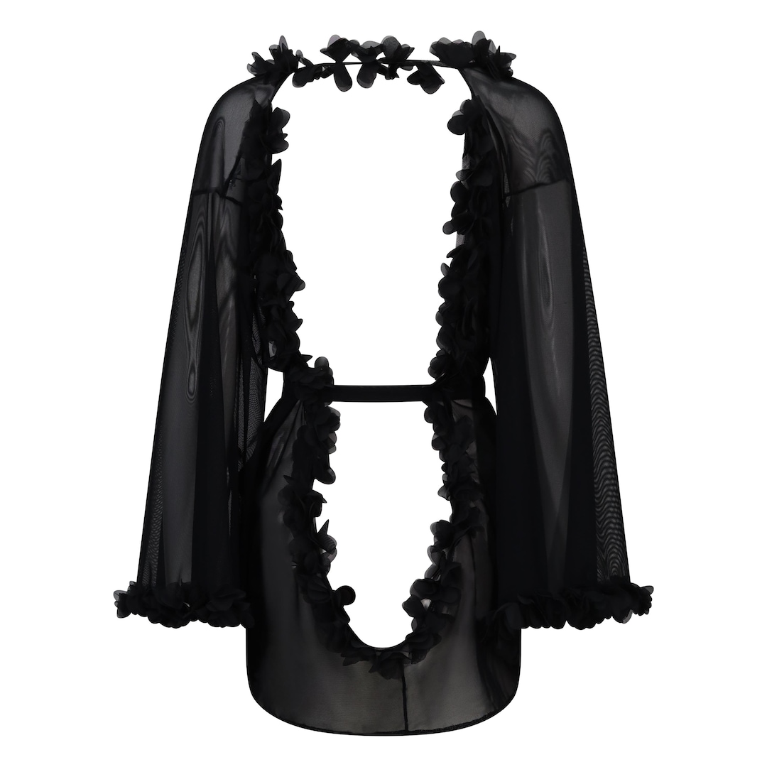 Lace Kimono: Fifi Short Sheer Mesh Robe With Chiffon Flower Detail - Etsy