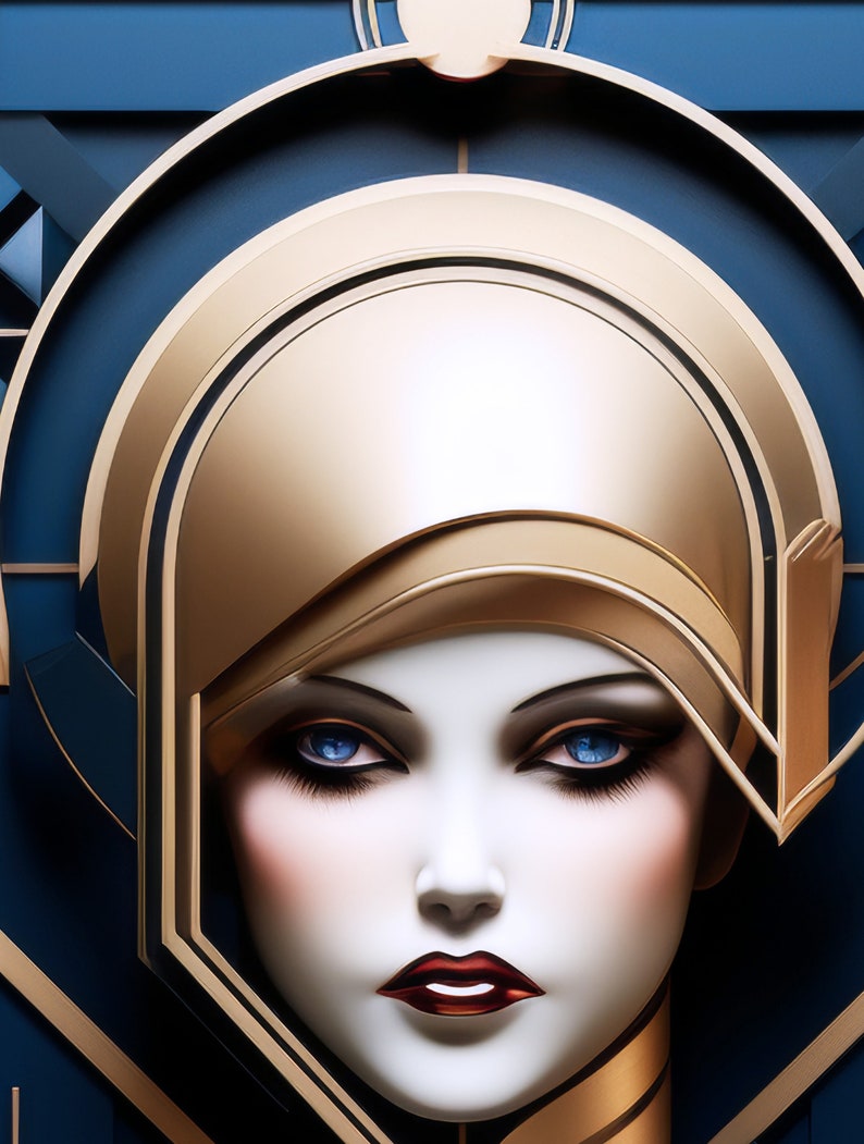 Geometric Modern Art Deco Print Portrait in Deep Blues and Gold ...