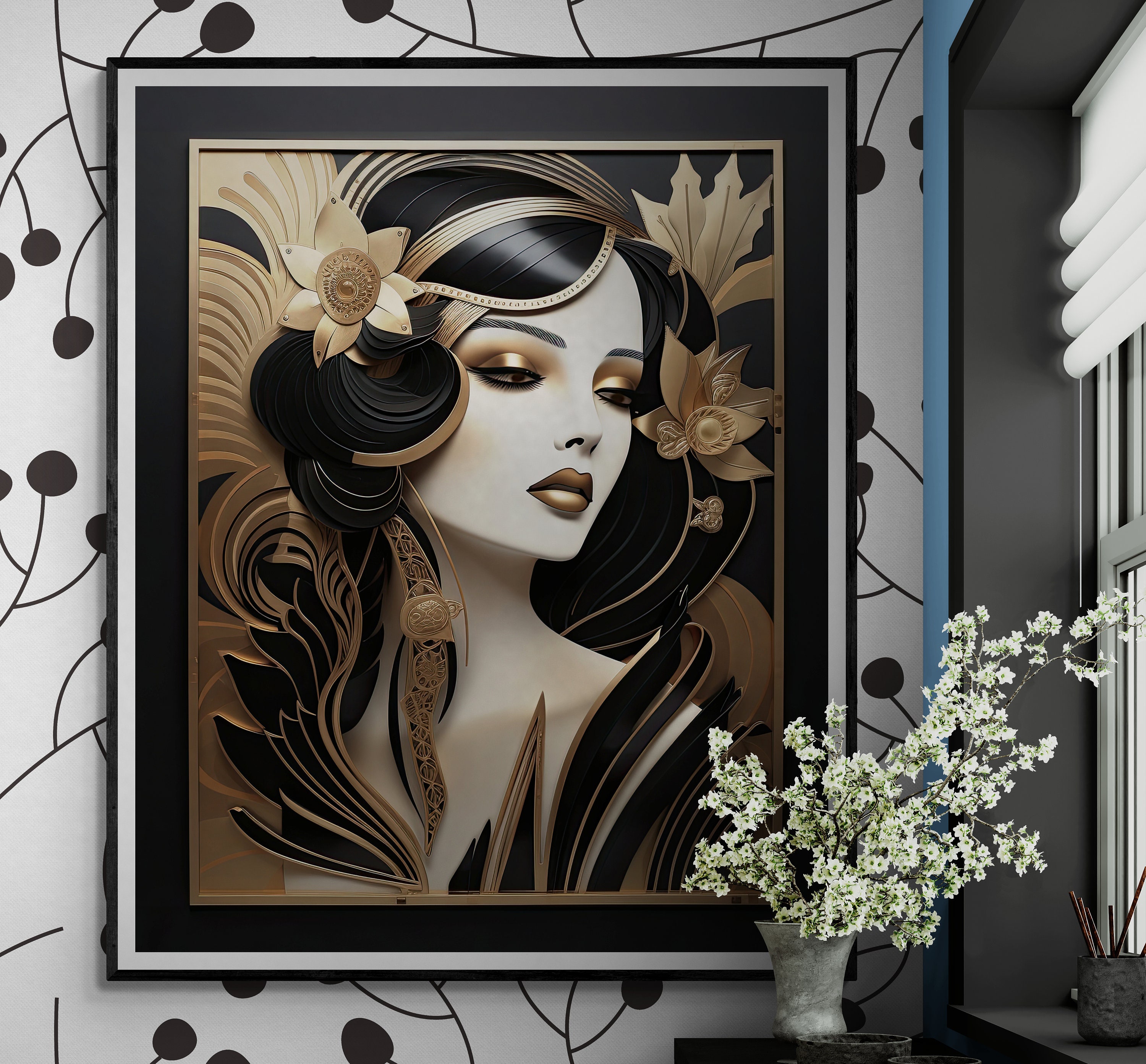 Art Deco Print Of Vintage Deco Girl Black And Gold Striking Portrait