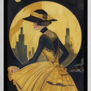 Art Deco Print Illustration Style of 1930s Woman Dressed in Yellow and ...