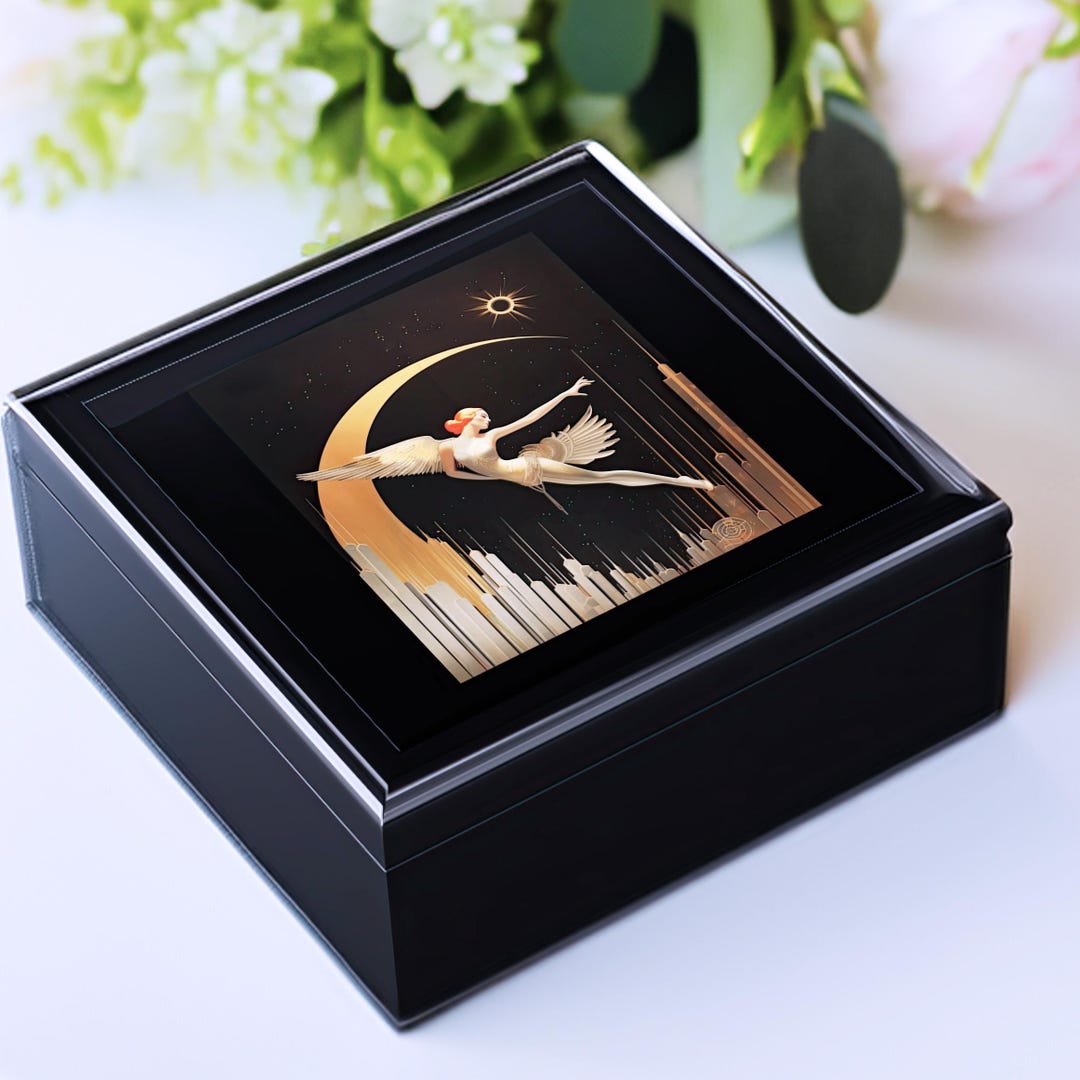 Vintage Art Deco Keepsake Box Ceramic Artwork on Top Glossy Black Color ...