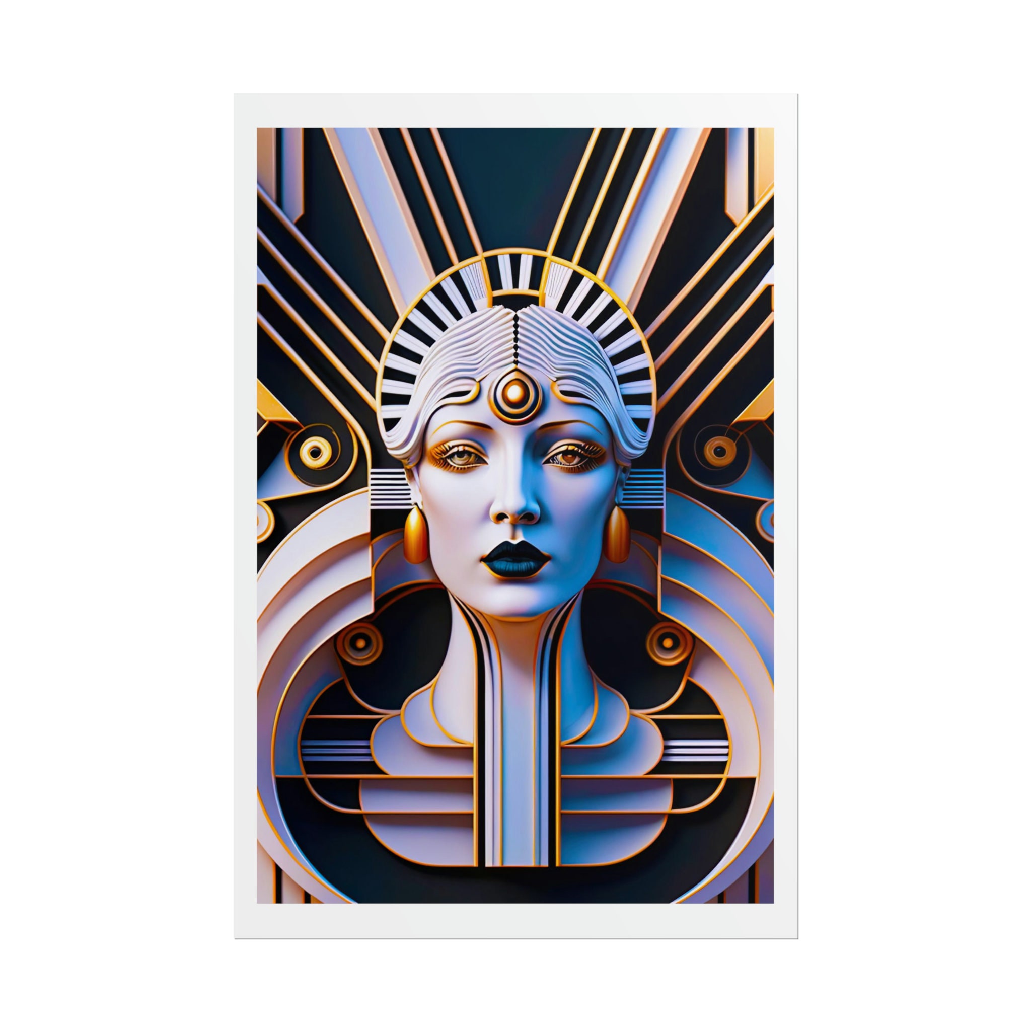 Art Deco Geometric Illustration Print Of Ivory Gold And Blue Queen Mask Printed On Matte 200 Gsm