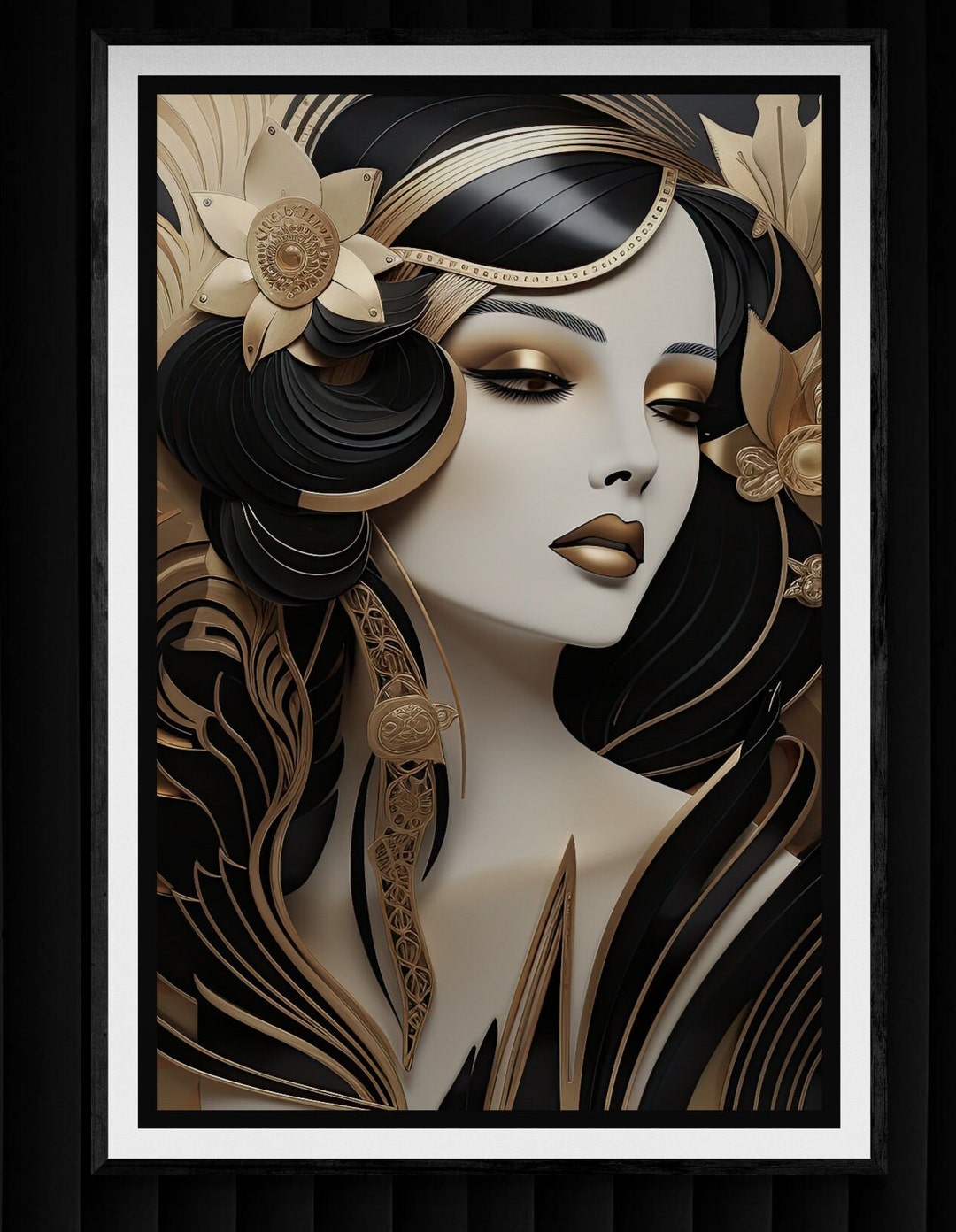 Art Deco Print of Vintage Deco Girl, Black and Gold Striking Portrait ...