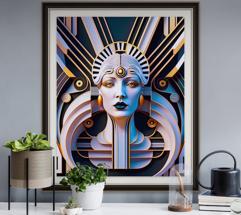 Art Deco Geometric Illustration Print of Ivory Gold & Blue Queen Mask ...